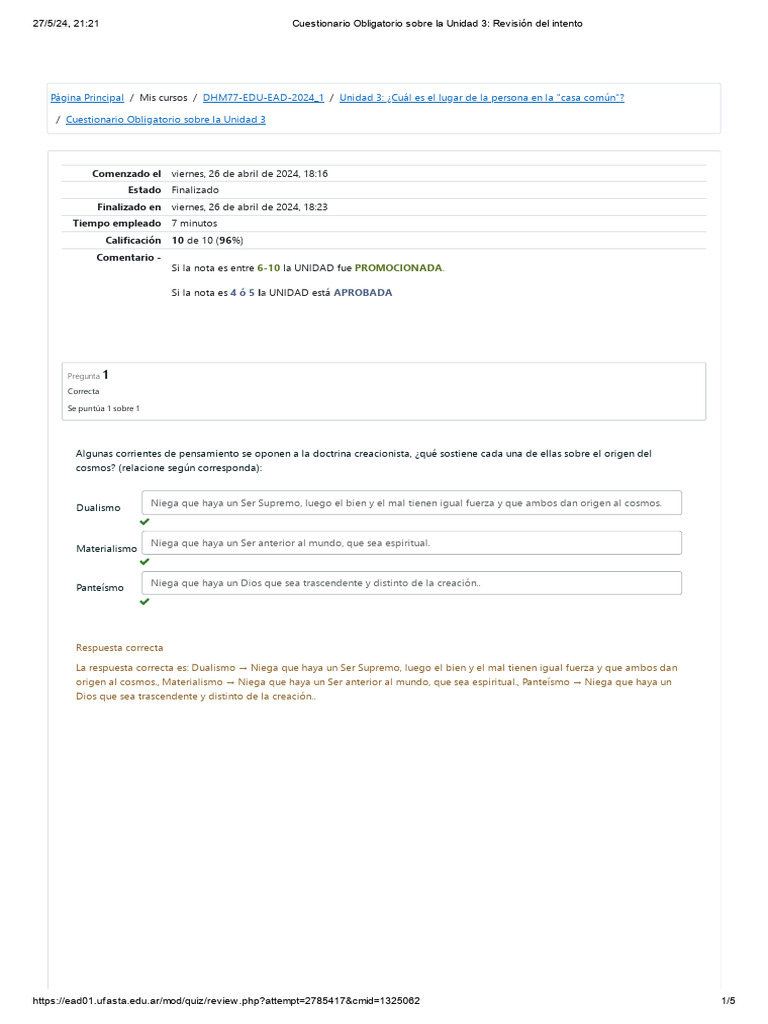 Cuestionario Obligatorio Sobre La Unidad 3 - Revisión Del Intento | PDF | Dualismo