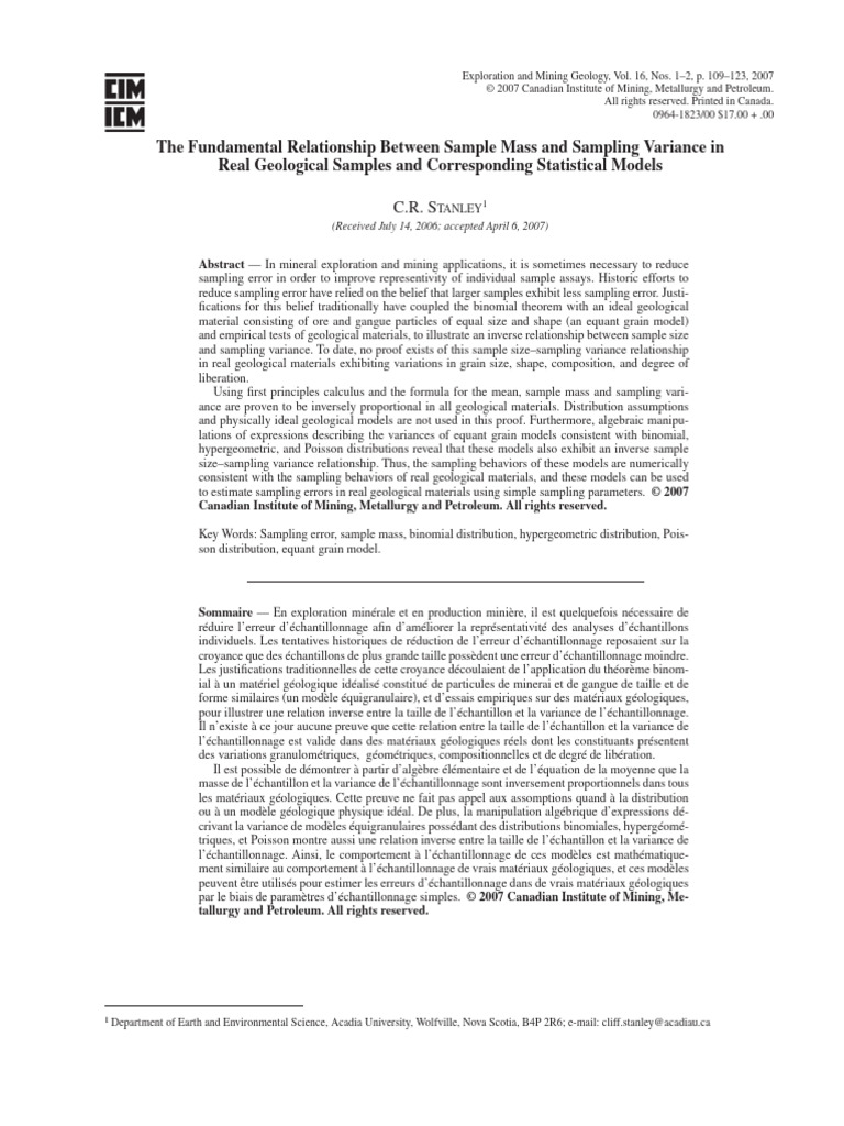 Stanley 2007 The Fundamental Relationship Between Sample Mass and Sampling Variance | PDF ...