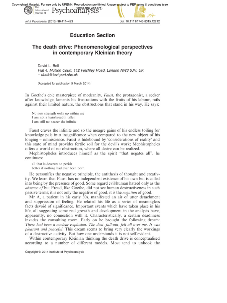 Death Drive in Kleinian Theory Analysis | PDF | Psychoanalysis ...