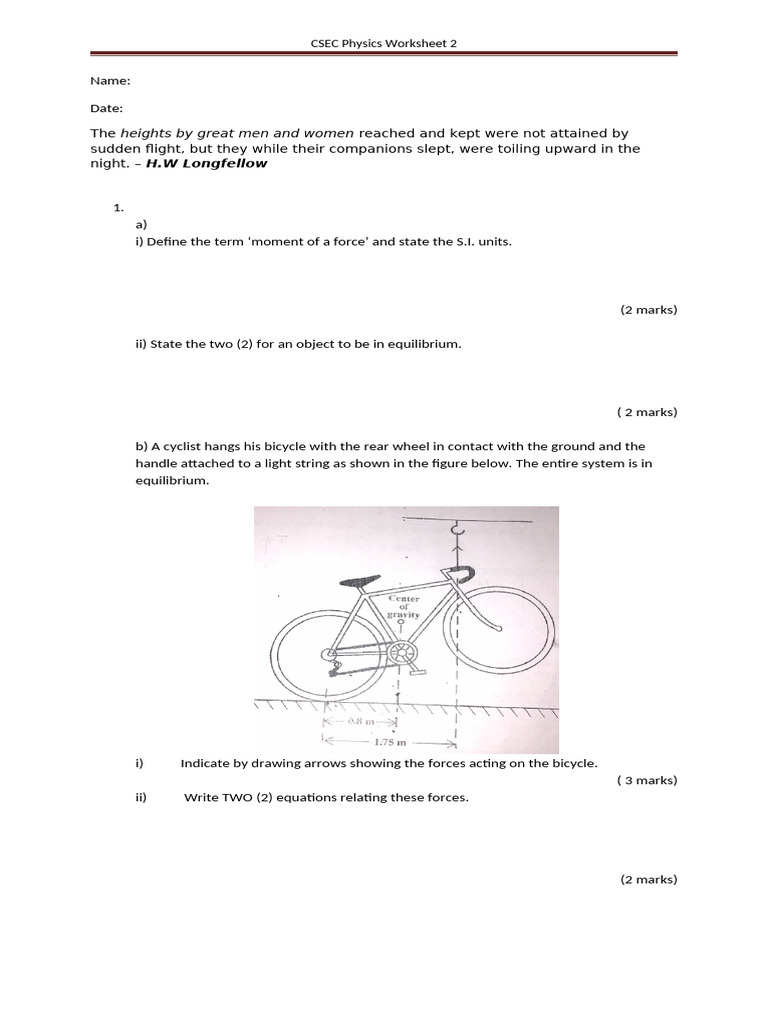 CSEC Physics Worksheet 2 Final With Solutions | PDF | Physical ...