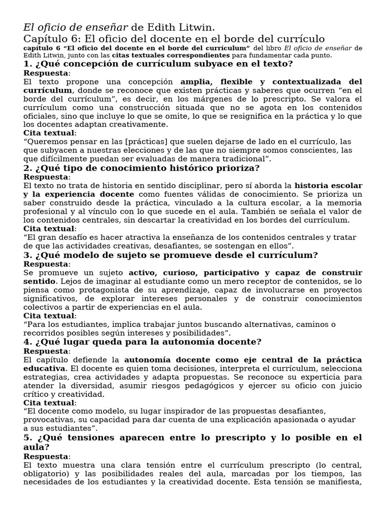 El Oficio de Enseñar de Edith Litwin | PDF | Plan de estudios | Maestros