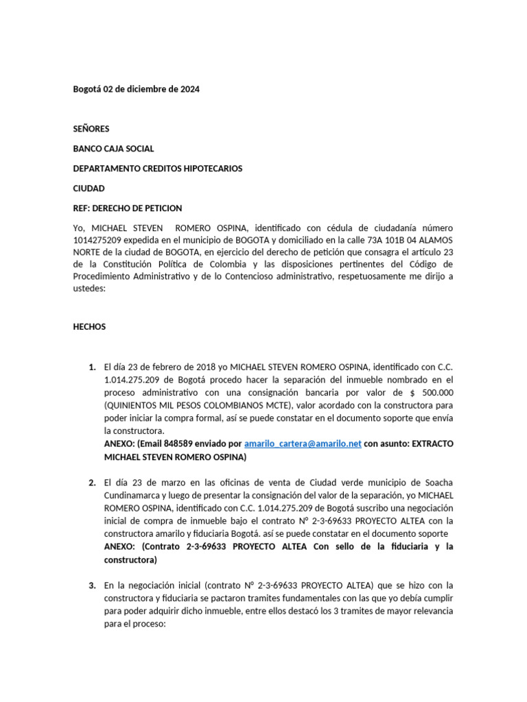 Derecho de Peticion | PDF | Hipotecas | Bancos