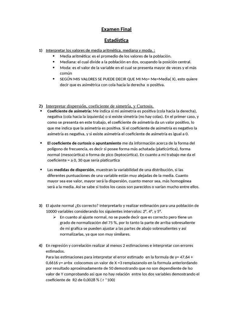 Examen Final Preguntas Estadistica | PDF | Oblicuidad | Media