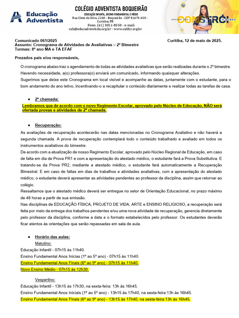 Comunicado 061 - CRONOGRAMA 2º BIMESTRE - 8º ANOS - TURMAS MA E TA | PDF | África | Faculdade
