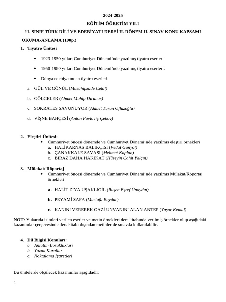 11 Ulusal Tde Ii. Dönem Ii. Sinav Kazanimlari | PDF