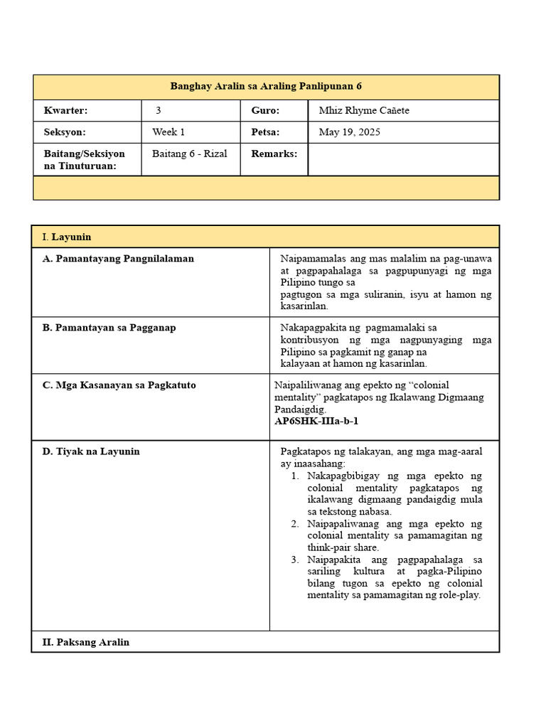 Banghay Aralin Sa Araling Panlipunan 6 | PDF