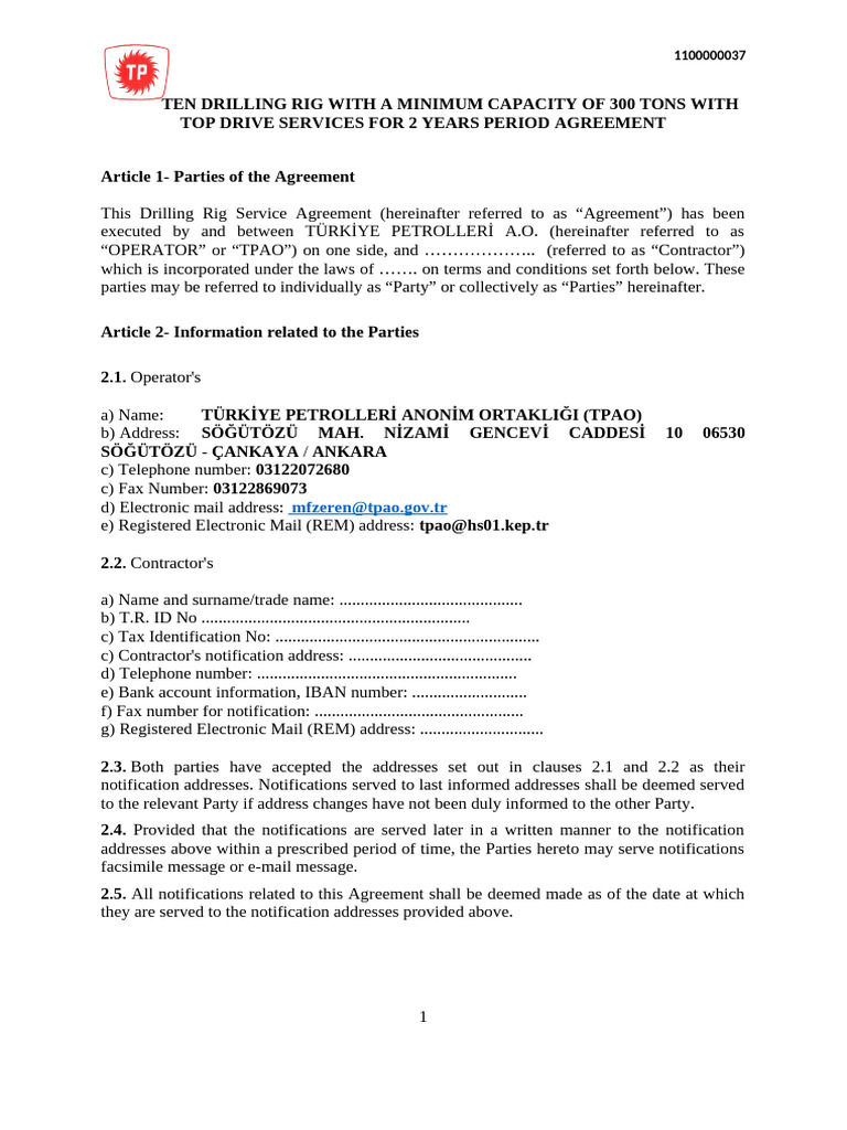 Ek1 - 300 Tons Capacity Drilling Rig With TD Services Agreement Draft ...