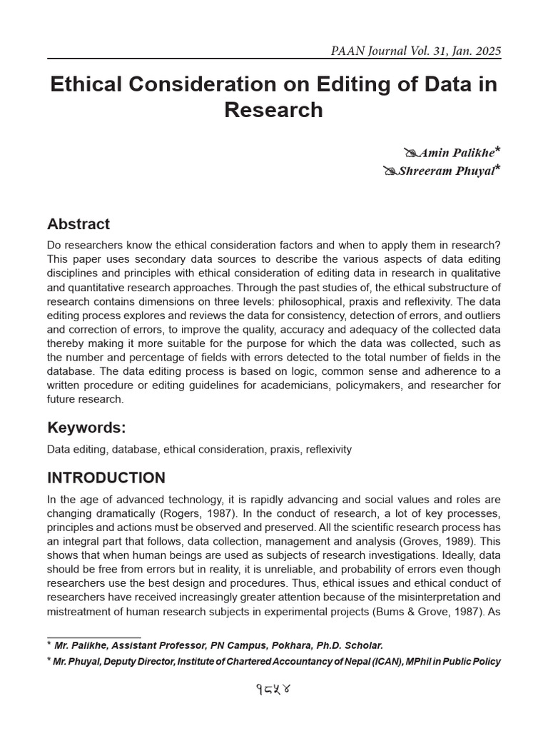 Ethical Consideration On Editing of Data in Research: PAAN Journal Vol ...