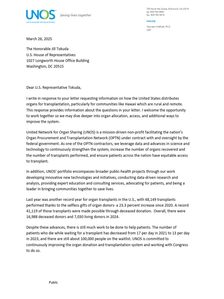 UNOS Letter To Rep. Tokuda - March 26, 2025 | PDF | Organ ...