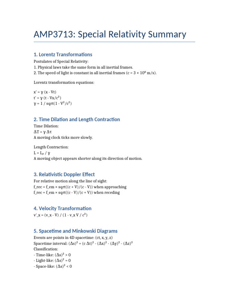 AMP3713 Special Relativity Notes Ch1 | PDF