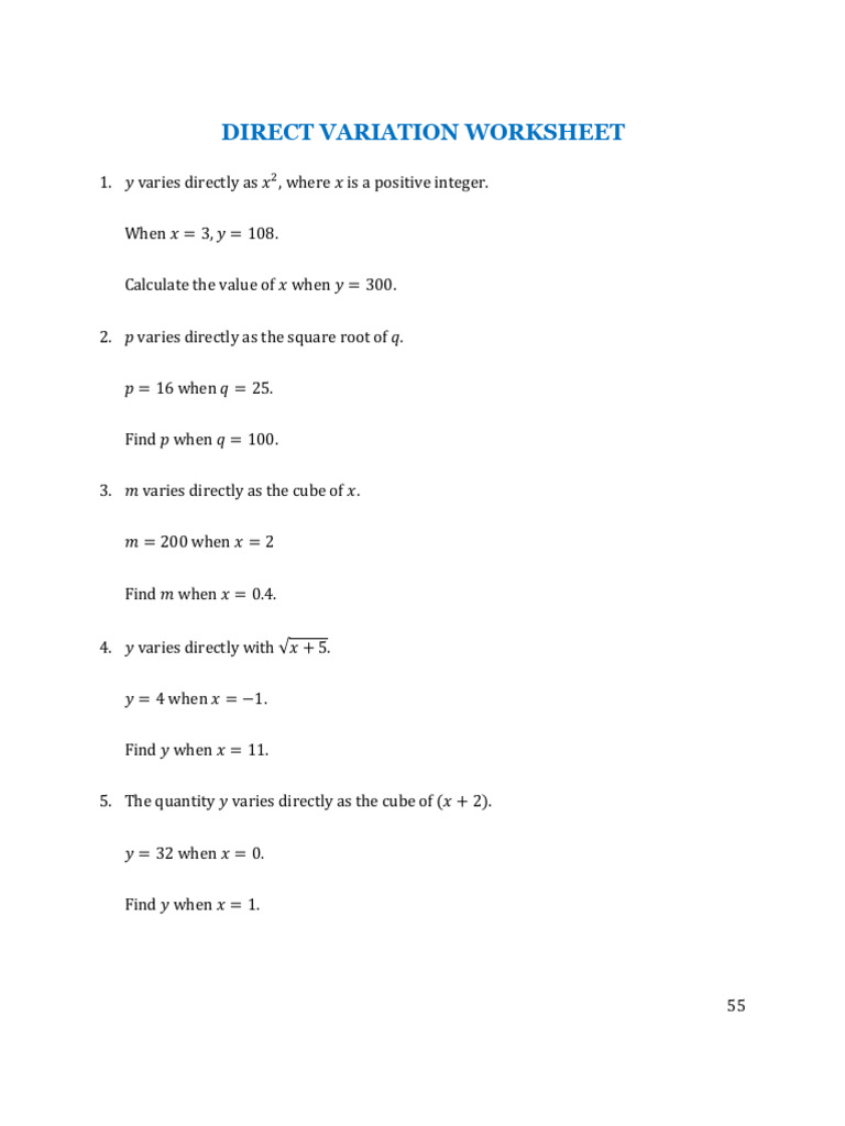 Direct Variation Worksheet | PDF