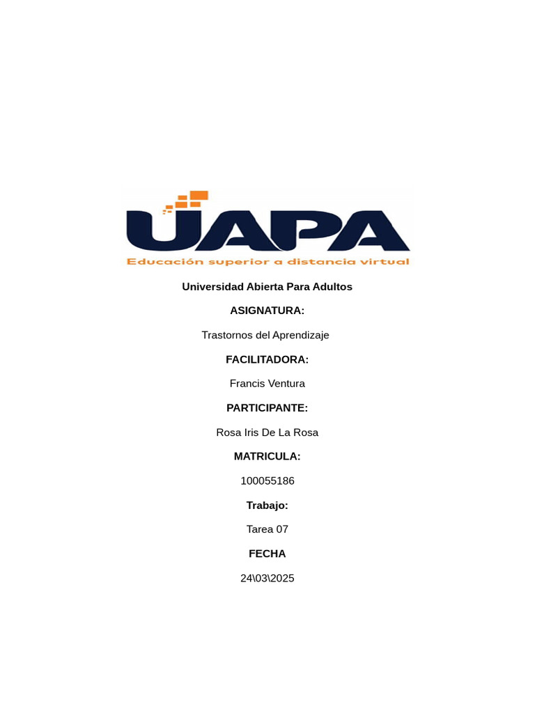 Tarea 07, Trastorno Del Aprendizaje | PDF | Discapacidad intelectual | Manual Diagnóstico y ...