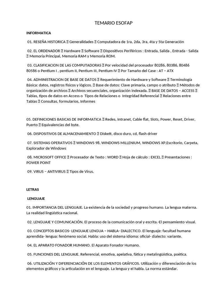 Temario Esofap | PDF | Imperio Inca | Oración (Lingüística)