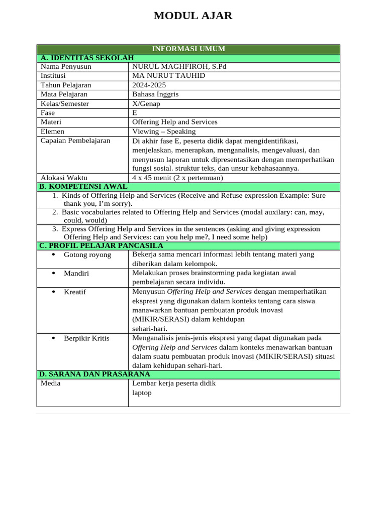 Modul Ajar Tentang Vidio Role Play Offering Help | PDF