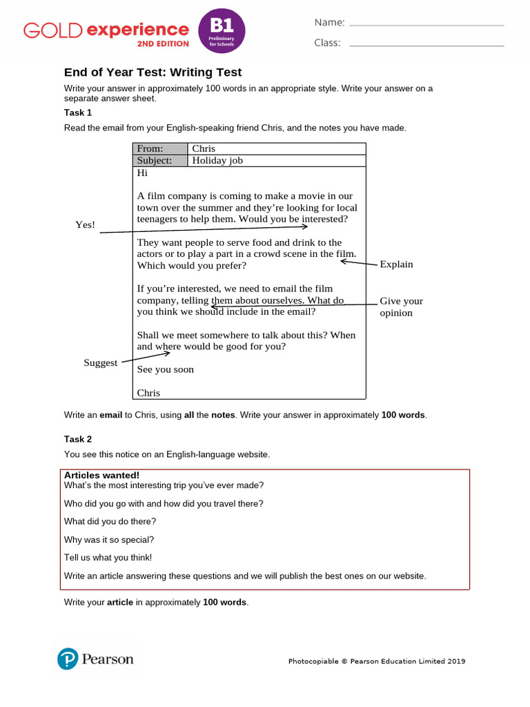 Gold Exp B1 EoY Writing | PDF