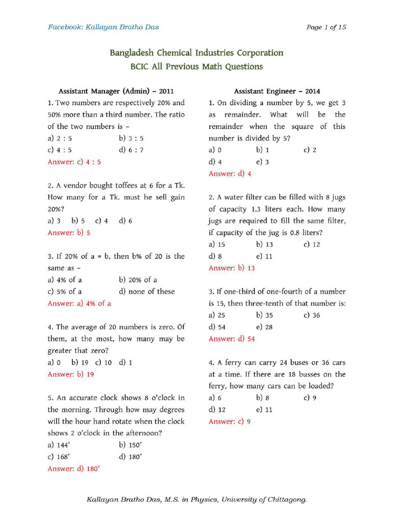 BCIC Previous Math - Bangladesh Chemical Industrias Corporation Exam ...