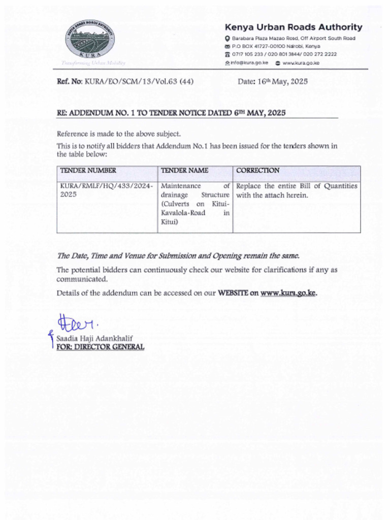 Addendum No. 1 KURA RMLF HQ 433 2024 2025 - BoQ | PDF