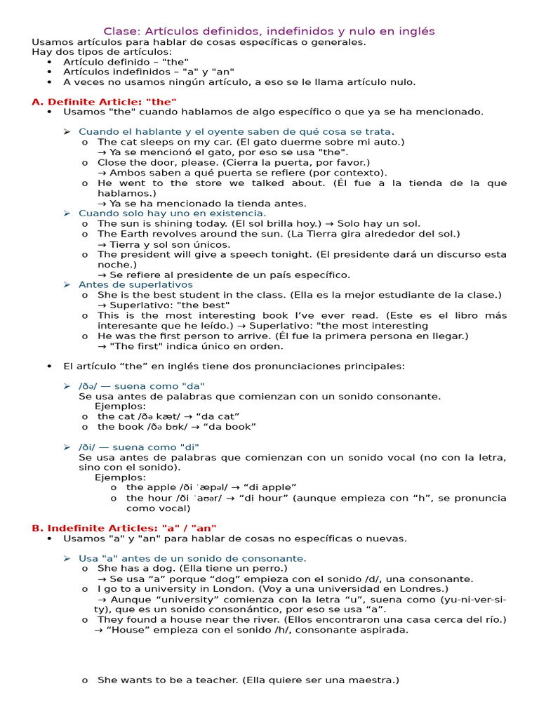 Clase - Artículos definidos, indefinidos y nulo en inglés | PDF | Voz ...