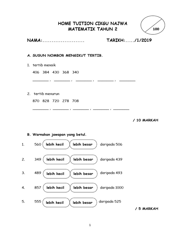 Tuition STD2 Math Set3 (Skop Ujian 1) | PDF