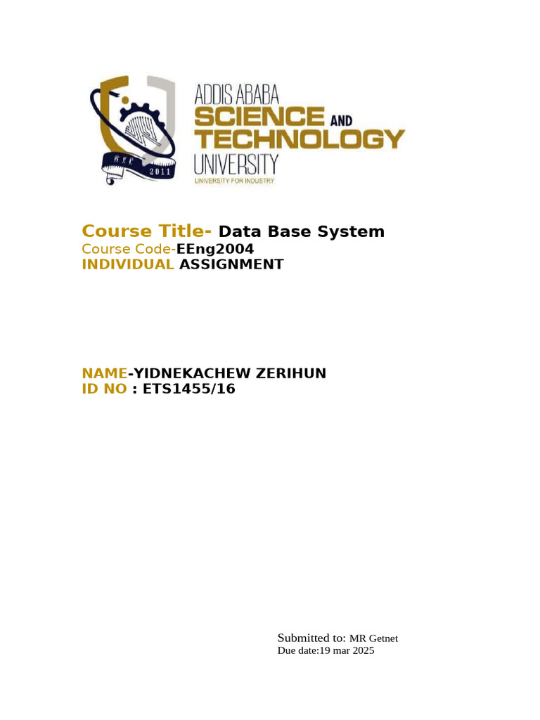 DBS Assignment Yidnekachew Zerihun 1455 | PDF | Databases | Database Index