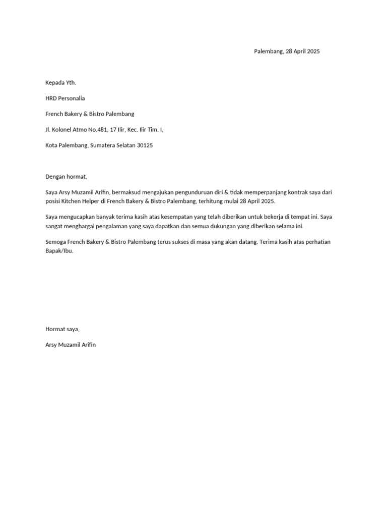 Surat Pengunduran Diri French Atmo | PDF