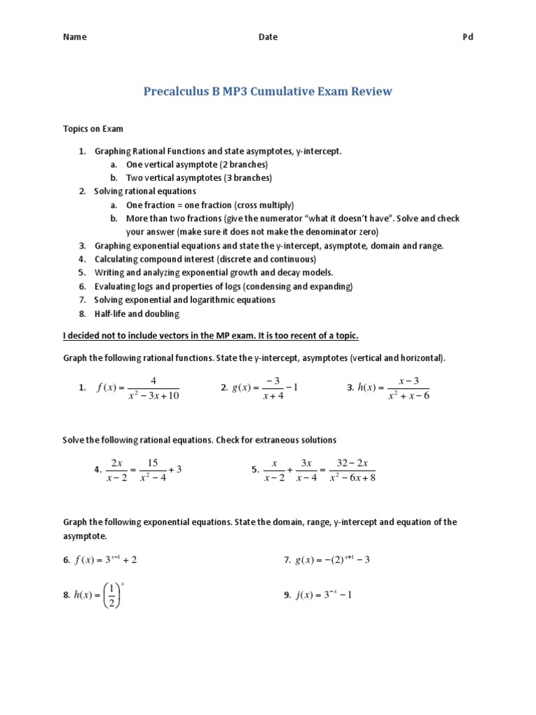 Pre Calculus B MP3 Cumulative Exam Review | PDF