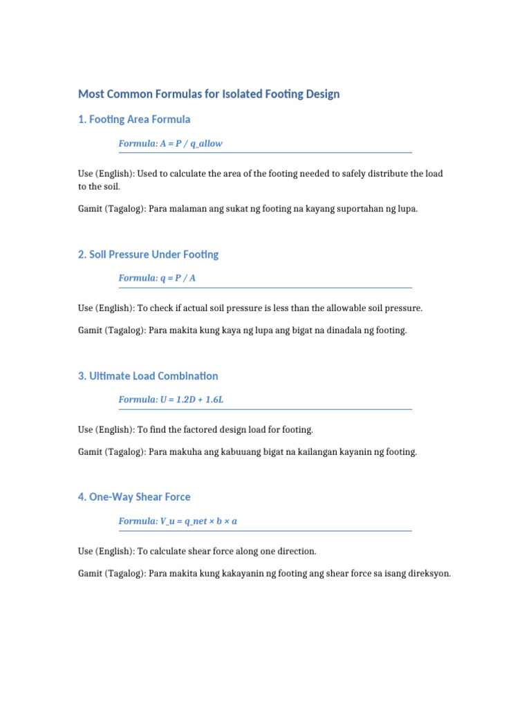 Isolated Footing Formulas | PDF