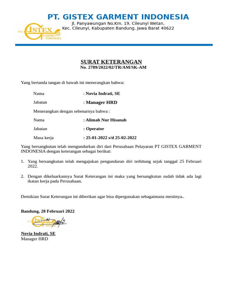 Surat Keterangan Pengunduran Diri Gistex | PDF