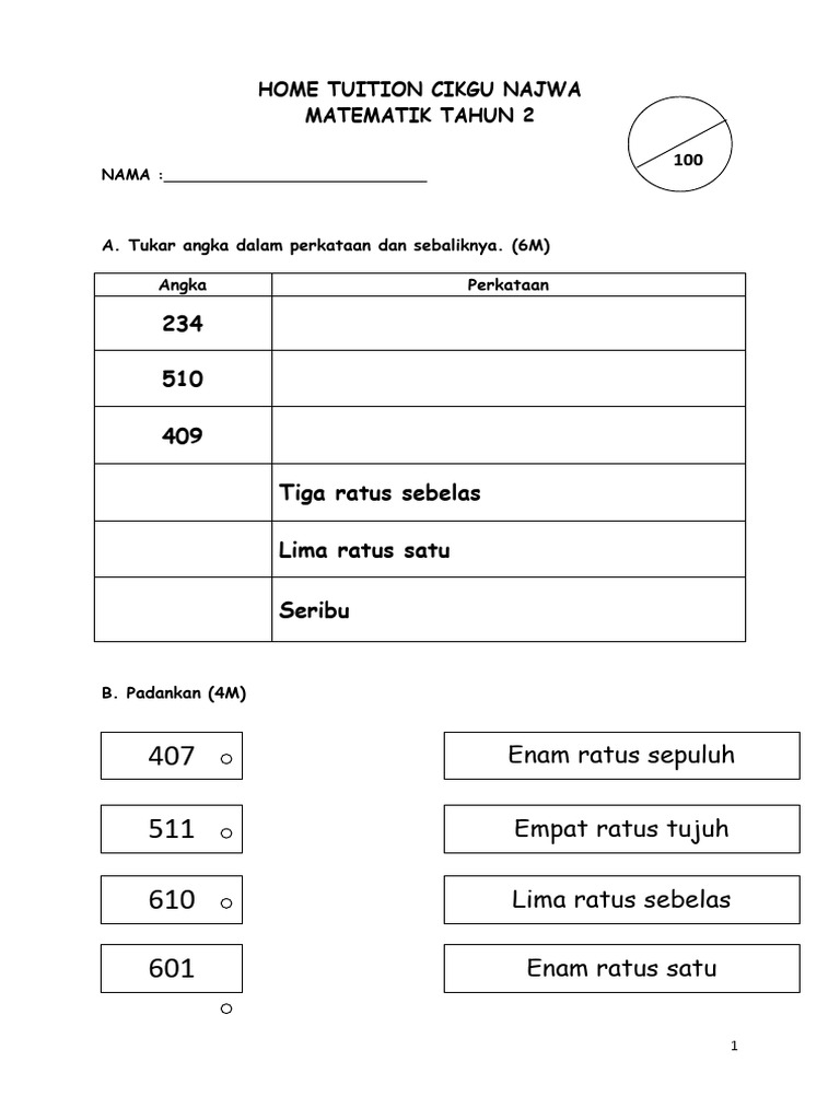 Tuition STD2 Math Set6 (Skop Ujian 1) PDF | PDF