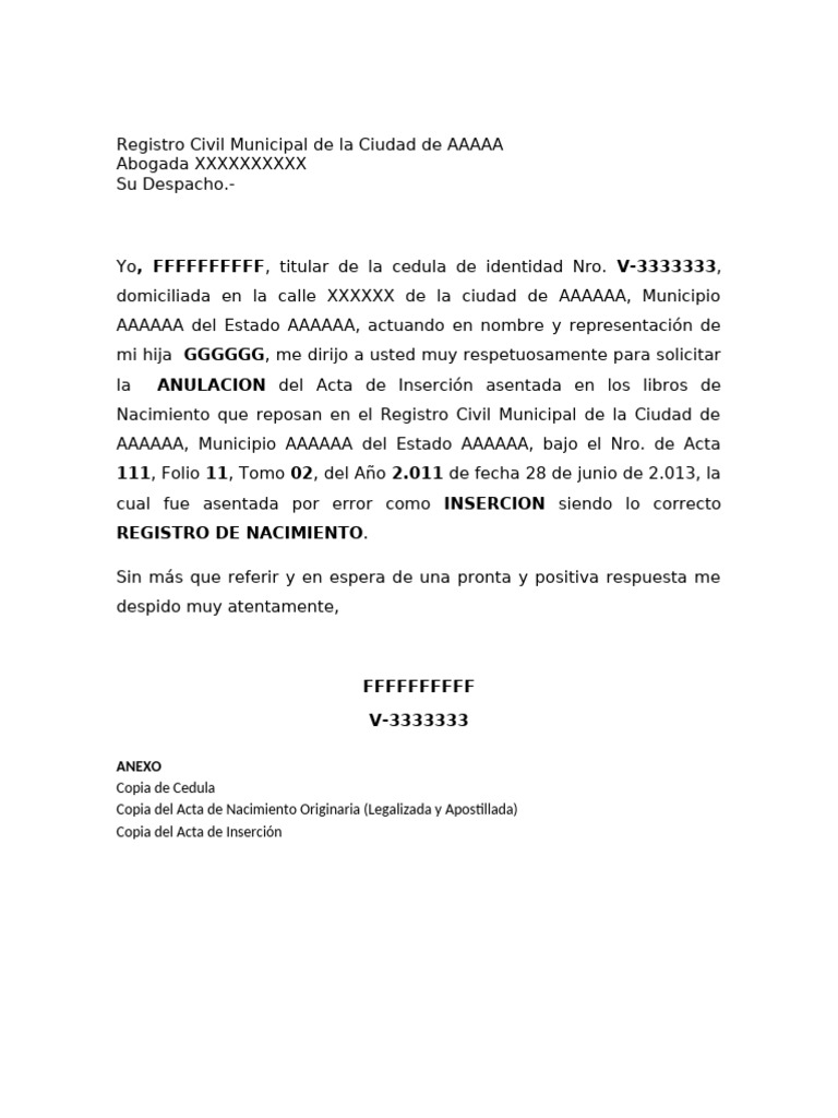 Modelo Carta Solicitud de Anulacion de Acta de Nacimiento | PDF