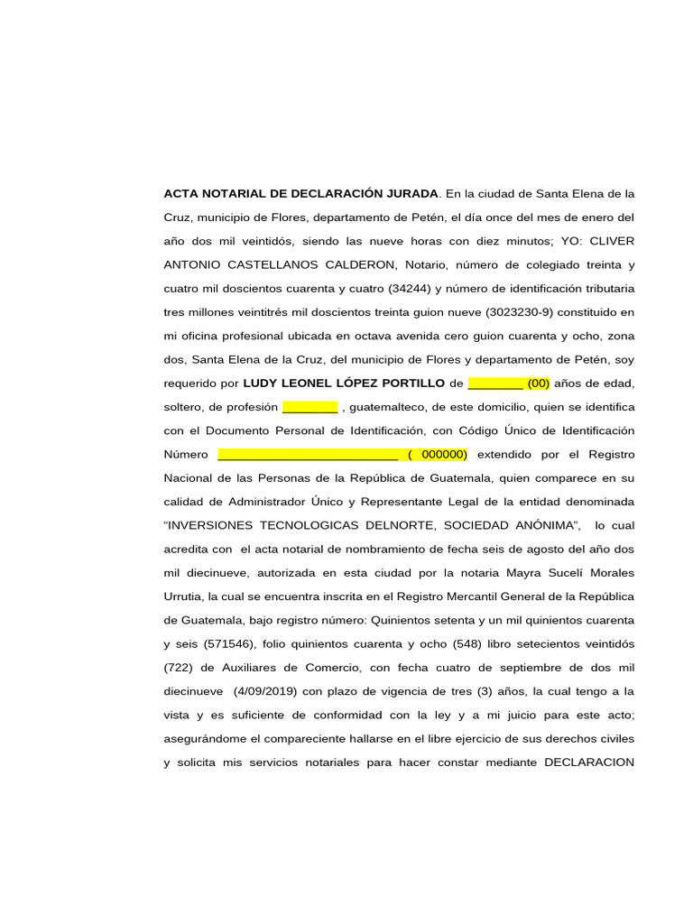 Acta notarial de declaración Jurada de RL de persona juridica | PDF