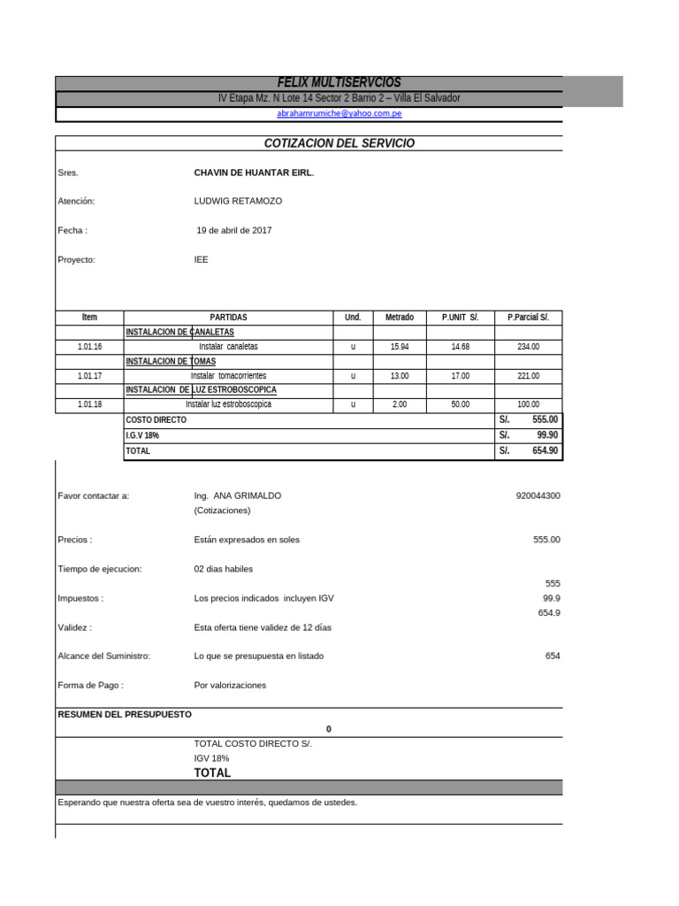 Presupuesto Felix Multiservicios | PDF