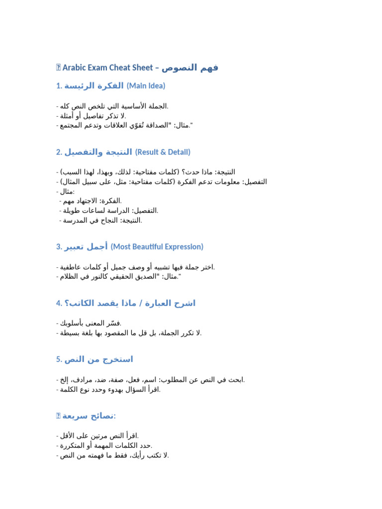 Arabic Exam Cheat Sheet | PDF