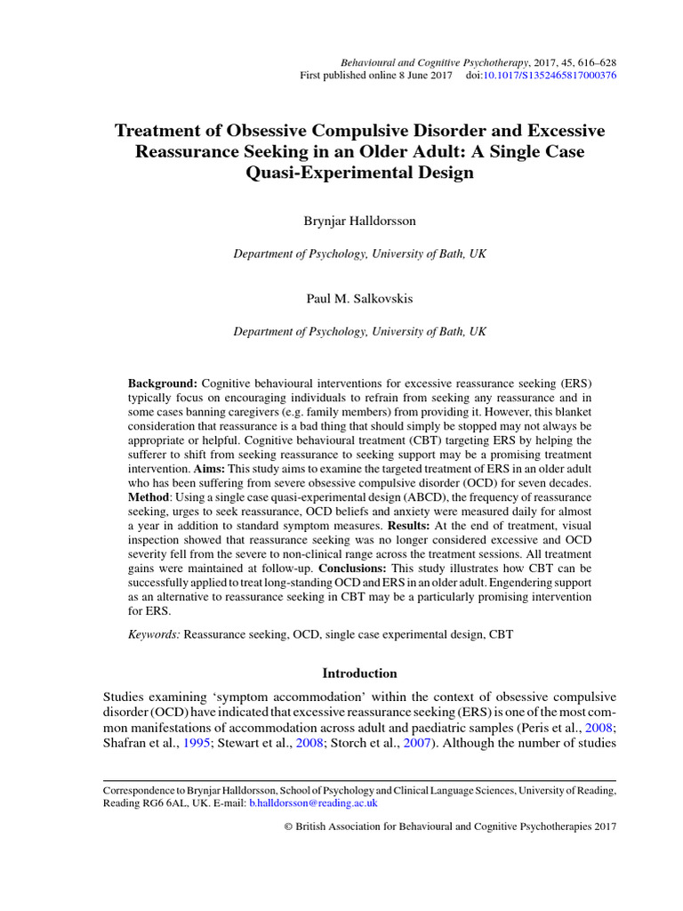 Treatment of Obsessive Compulsive Disorder and Excessive Reassurance ...