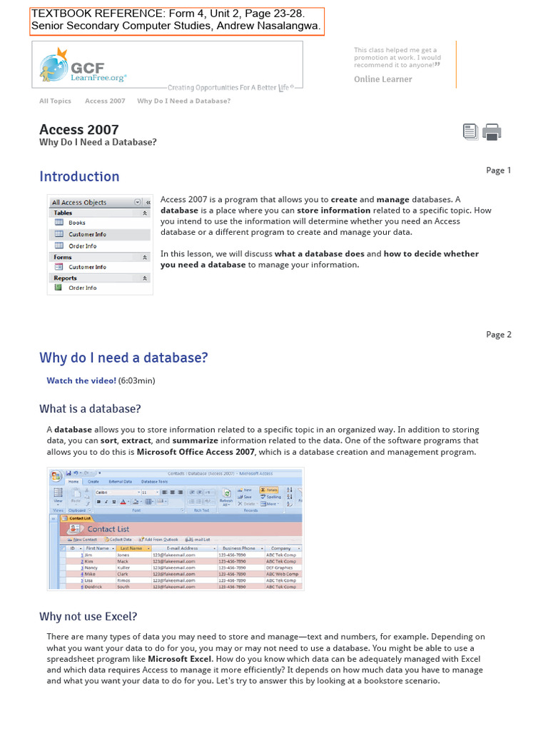 Access 2007 - Why Do I Need A Database | PDF | Microsoft Excel | Databases