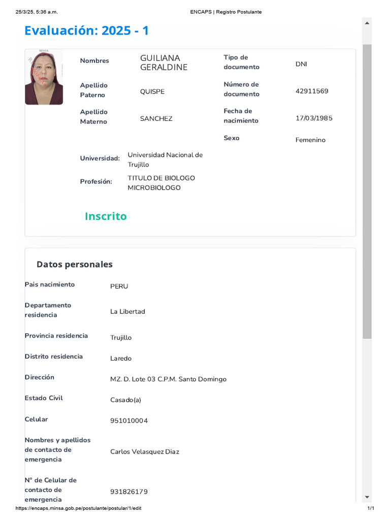 ENCAPS - Registro Postulante Guiliana Quispe Sanchez | PDF