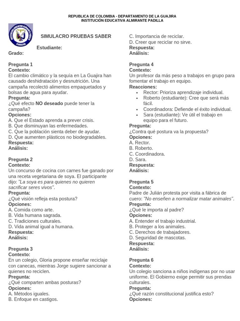 1er Simulacro Pruebas Saber 9 Grado-1 | PDF