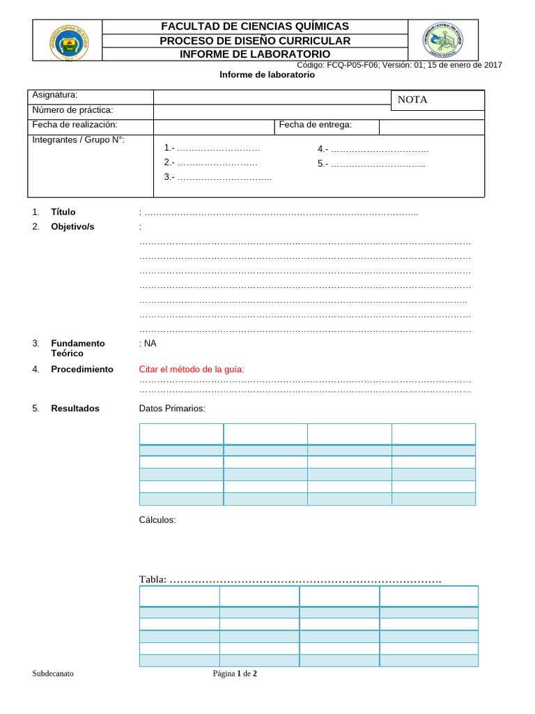 FCQ-P05-F06 Informe de Laboratorio | PDF