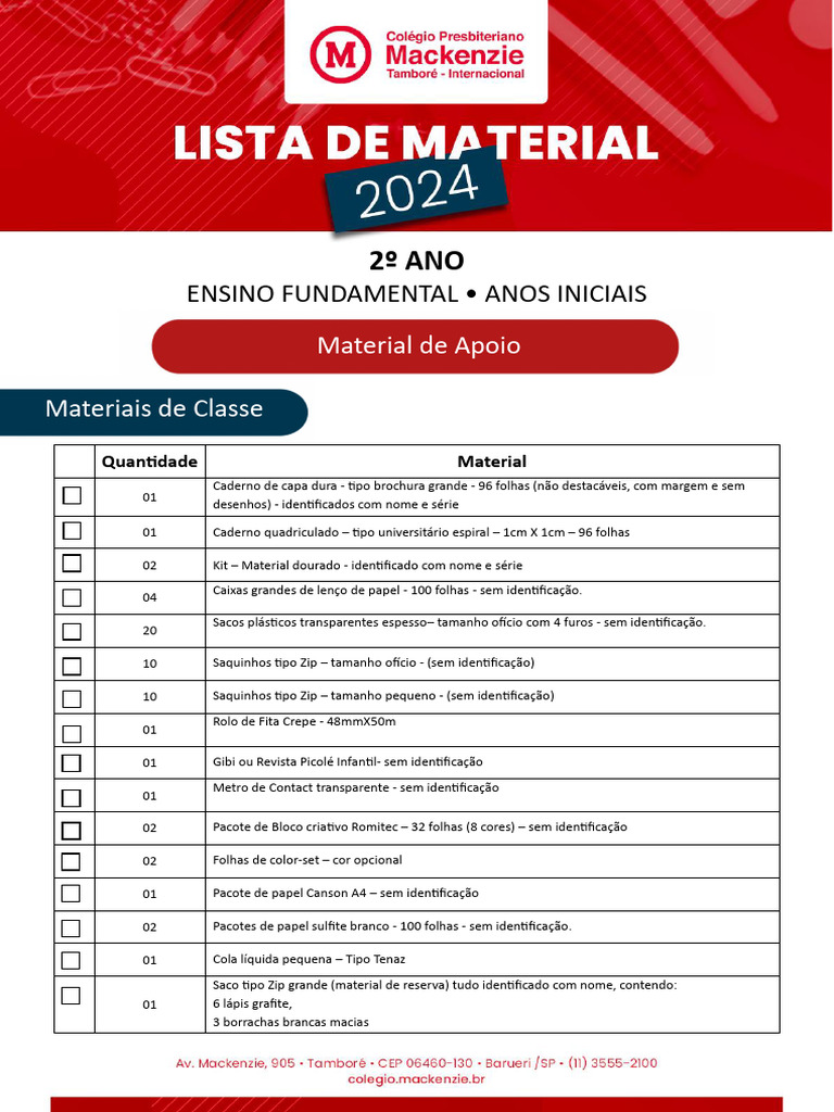2 Ano - Lista de Materiais 2024 | PDF