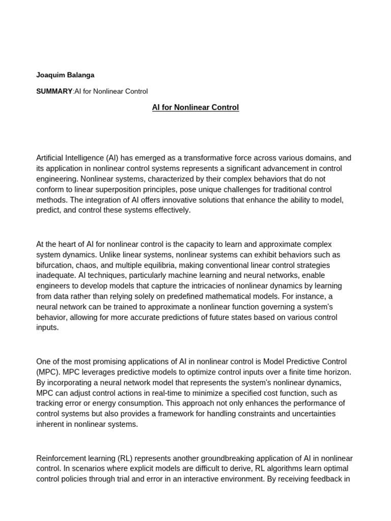 AI For Nonlinear Control | PDF | Artificial Intelligence | Intelligence (AI) & Semantics