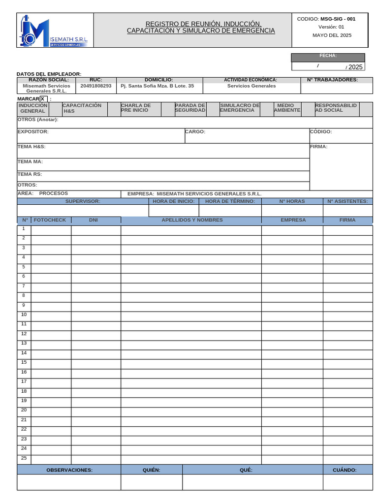 RG MSG Ehs 001 Registro de Charlas | PDF
