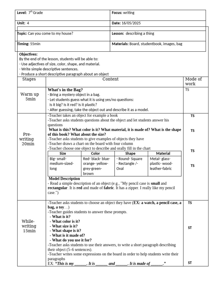 Descriptive Writing Lesson Plan for 7th Grade | PDF