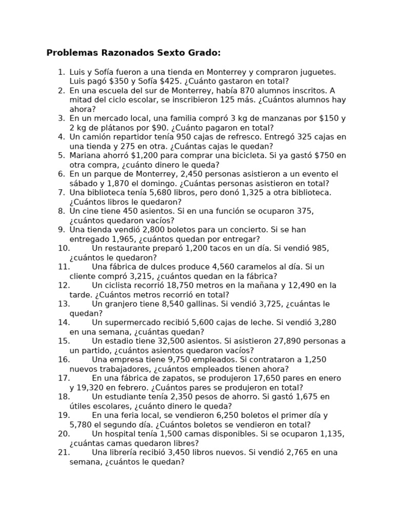 Problemas Razonados para Sexto Grado | PDF