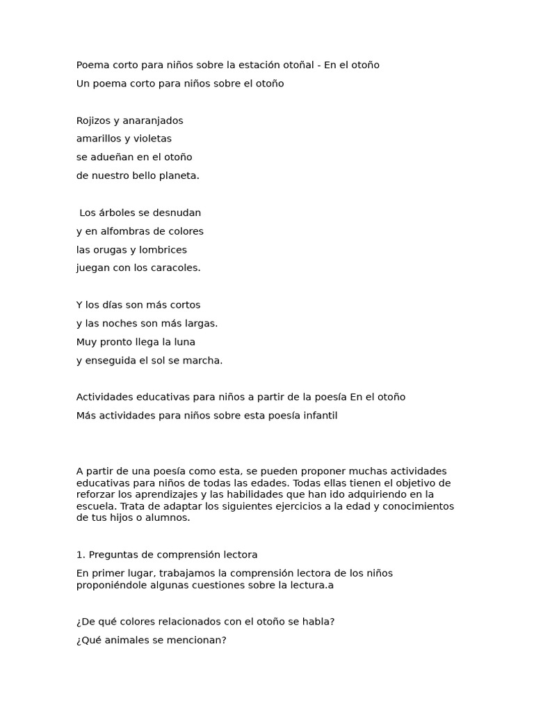 Poema corto para niños sobre la estación otoñal | PDF