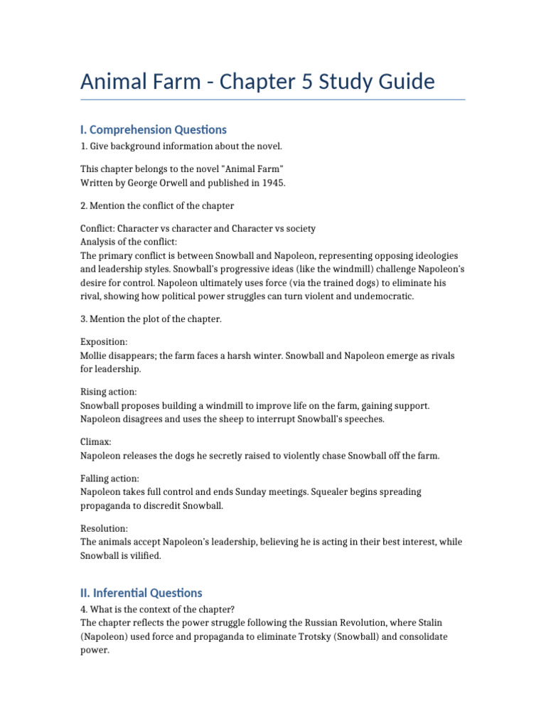 Animal Farm Chapter 5 Study Guide | PDF