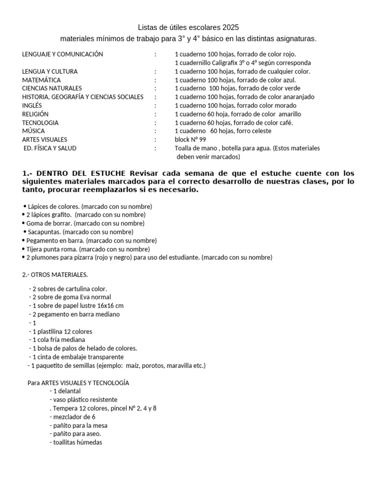 Lista Utilies 3ro y 4to San Bartolomé | PDF | Color