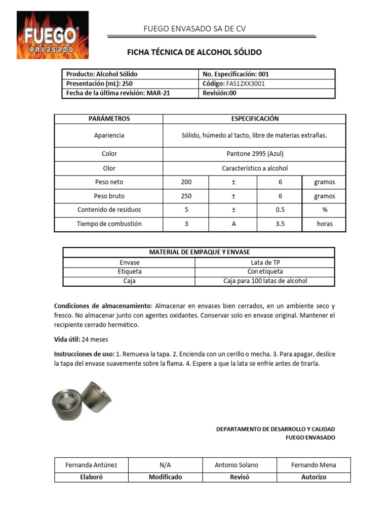 Alcohol Solido FICHA TECNICA | PDF