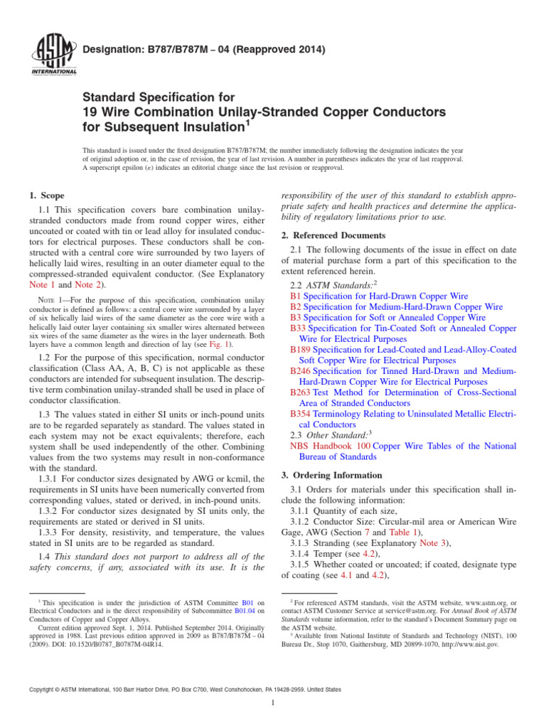 ASTM B787-14 19 Wire Combination Unilay-Stranded Copper Conductors For ...