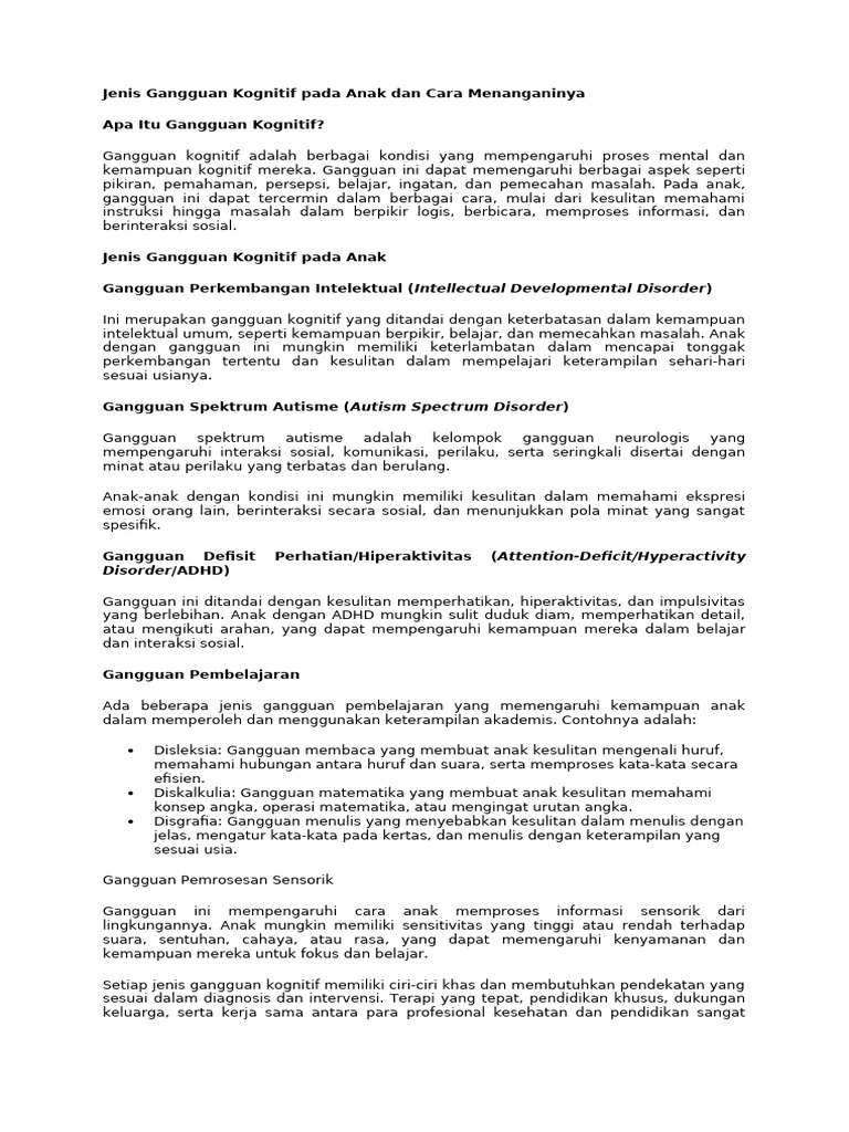 Jenis Gangguan Kognitif Pada Anak Dan Cara Menanganinya | PDF