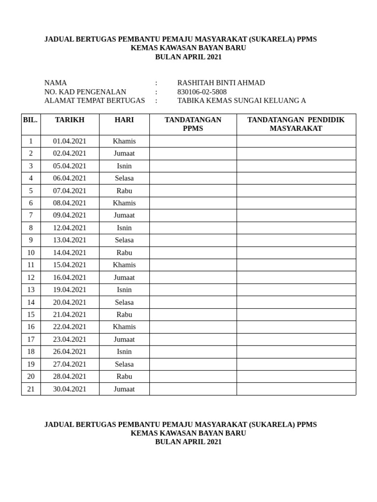Jadual Bertugas Pembantu Pemaju Masyarakat 2021 | PDF
